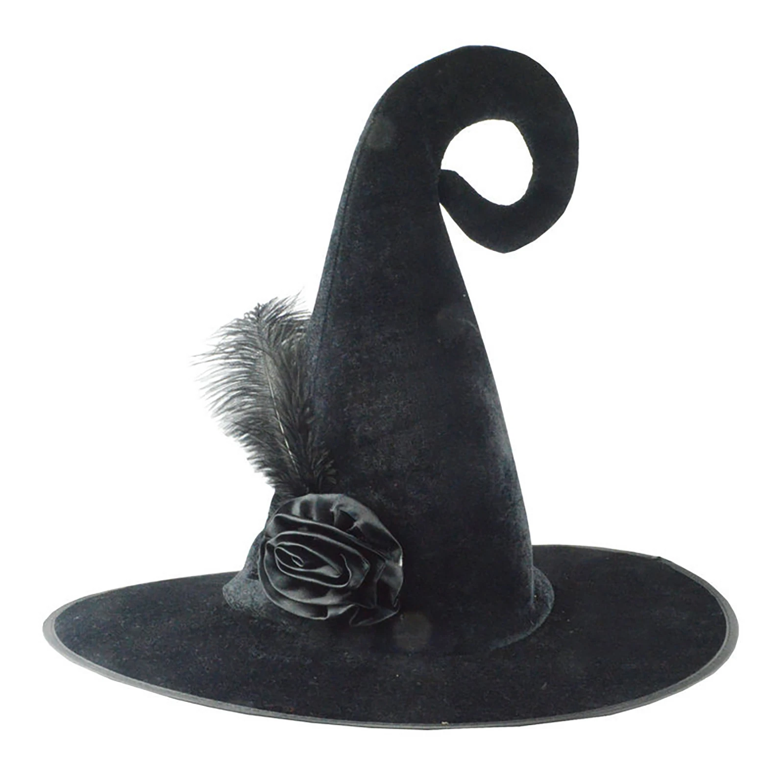 Halloween Wide Brim Witch Hat with Feather Rose Cosplay Wizard Caps ...