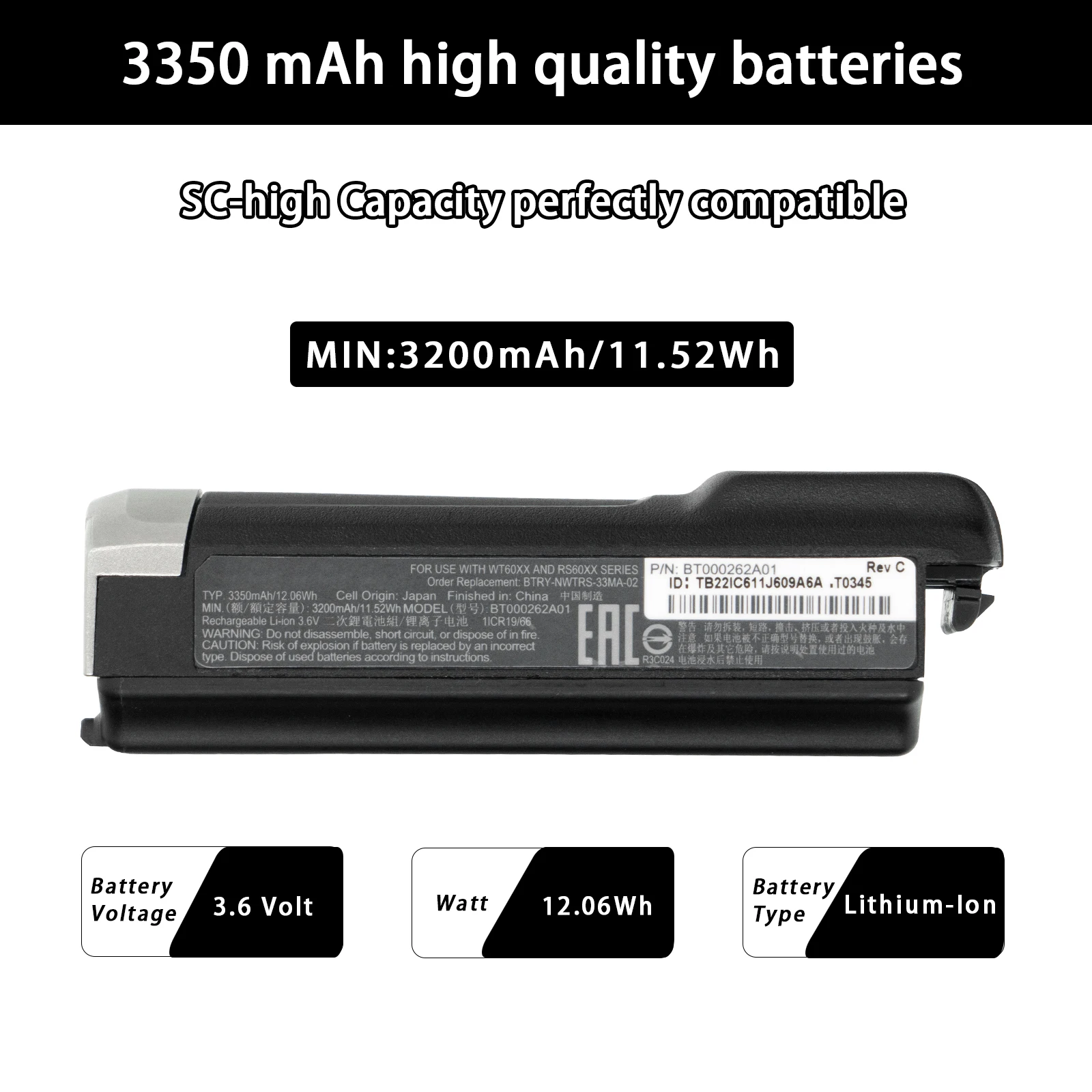 3350mAh battery For Zebra RS6000，BT000262A01 BTRY-NWTRS-33MA-02 ...
