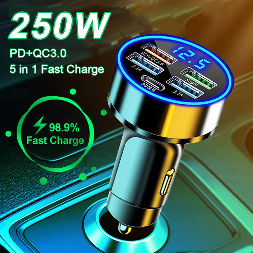 250W-4-Ports-USB-Car-Charger-Type-C-PD-QC3-0-Fast-Charging-Adapter-LED ...