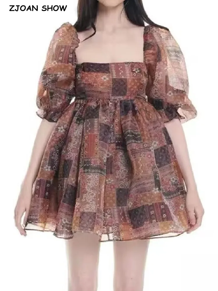 Princess-Brown-Flower-Plaid-Print-Organza-Ball-Gown-Dress-Puff-Sleeve ...