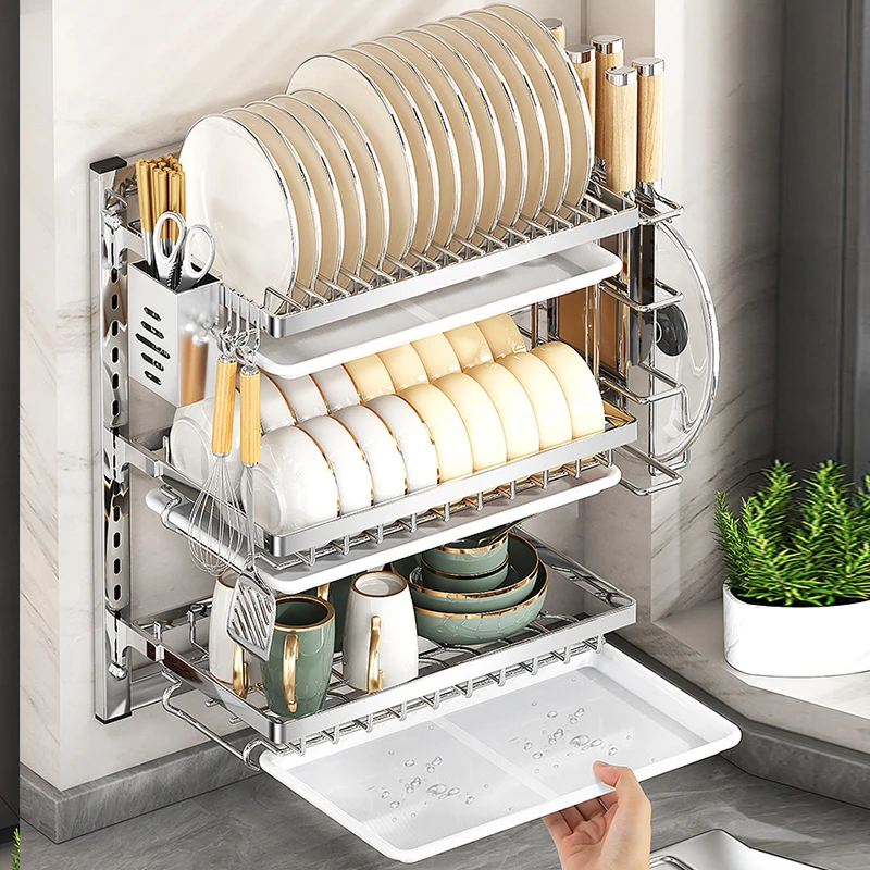 Dish-Rack-Wall-Mounted-Multifunctional-Storage-Rack-No-hole-Cupboard ...
