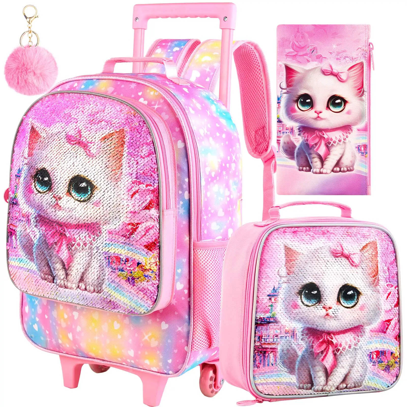 4PCS-Rolling-Backpack-for-Girls-Kids-Cat-Roller-Backpacks-with-Wheels ...