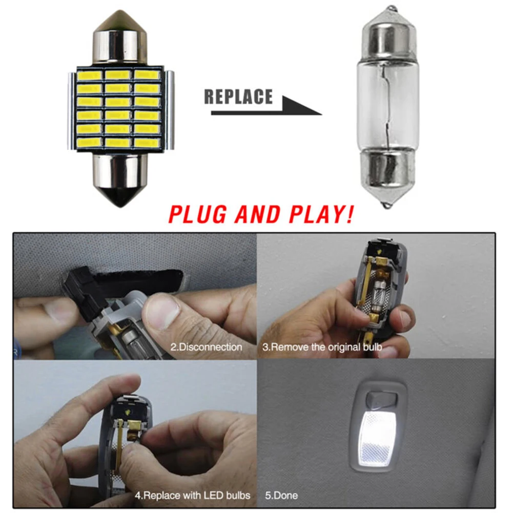 2x Car Led Dome Light Warm White 31MM 30MM Festoon 18 SMD LED Interior ...