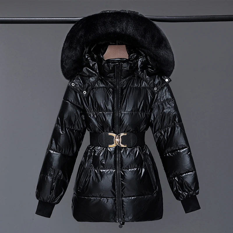 Fashion-European-Black-Women-s-Winter-Jacket-Hooded-Coat-Belt-Down ...