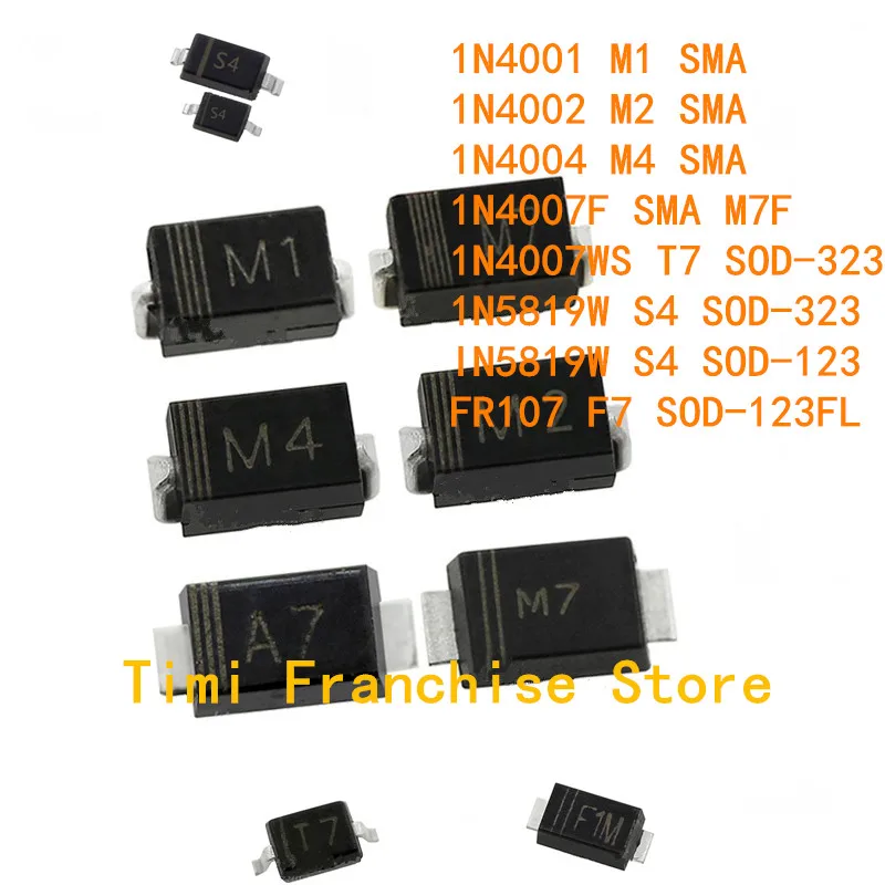 50PCS-schottky-diode-IN4001-M1-1N4002-M2-M4-1N4007F-SMAF-M7F-1N4007WS ...