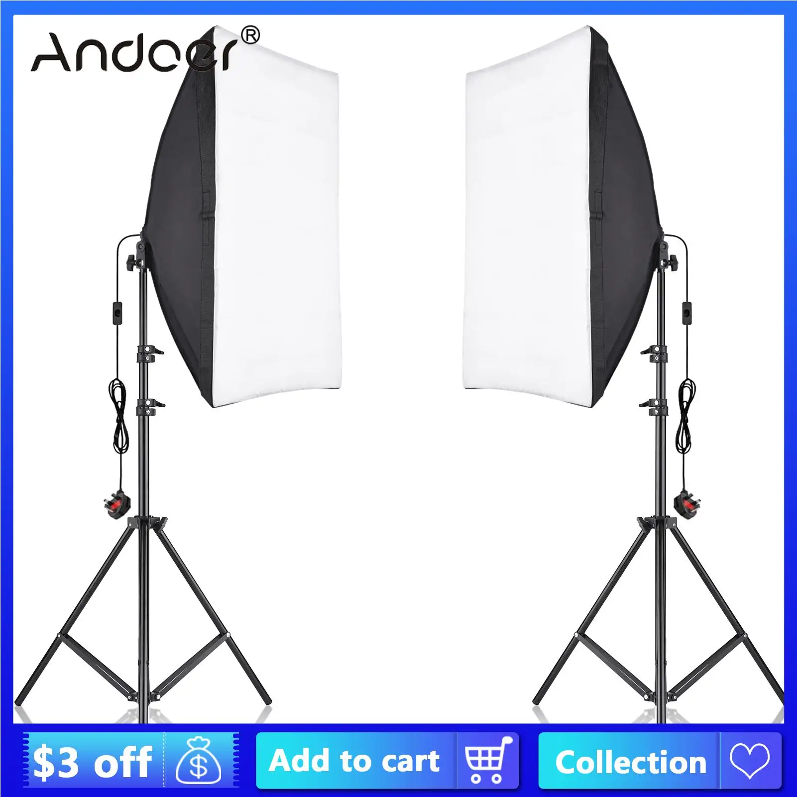 Andoer Studio Photography Softbox Kit With 50x70cm Softbox * 2 + 2m ...