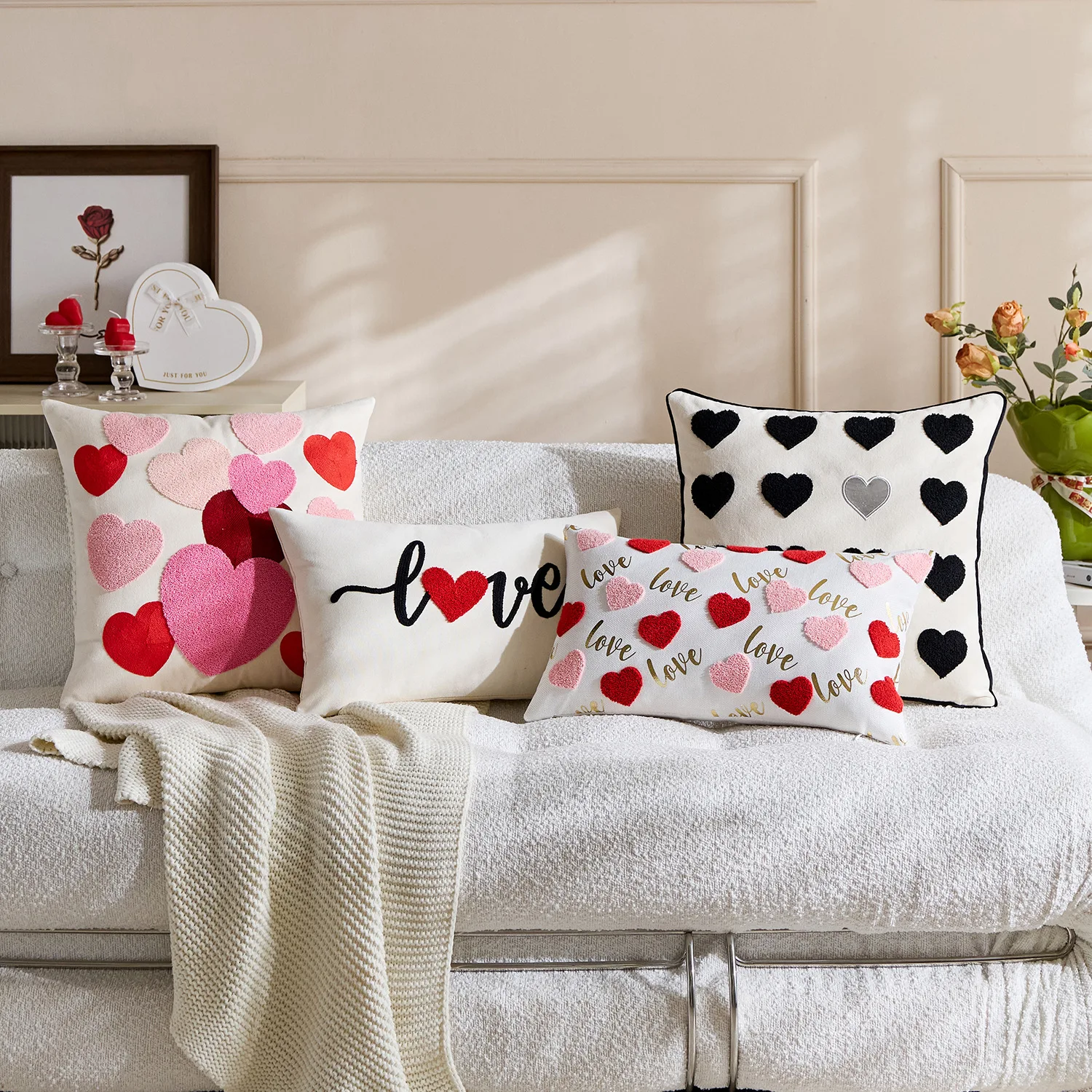 Love Embroidery Pillowcase Pink and Red Heart Couple Throw Cushion ...