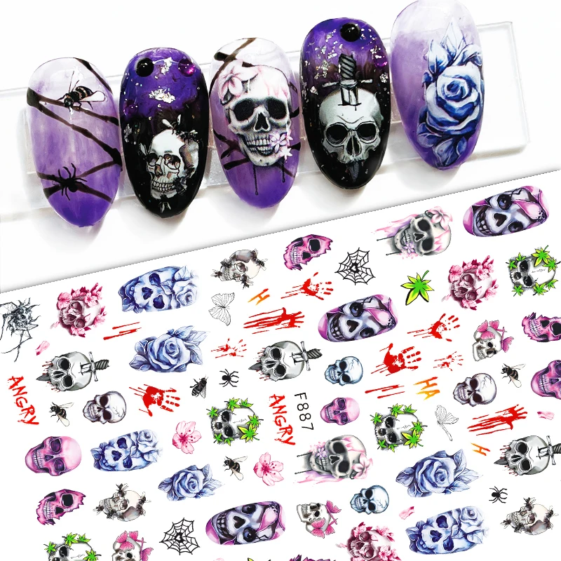 Halloween Nail Art Sticker 3D Slider Skull Head Rose Blood Slap Decals ...