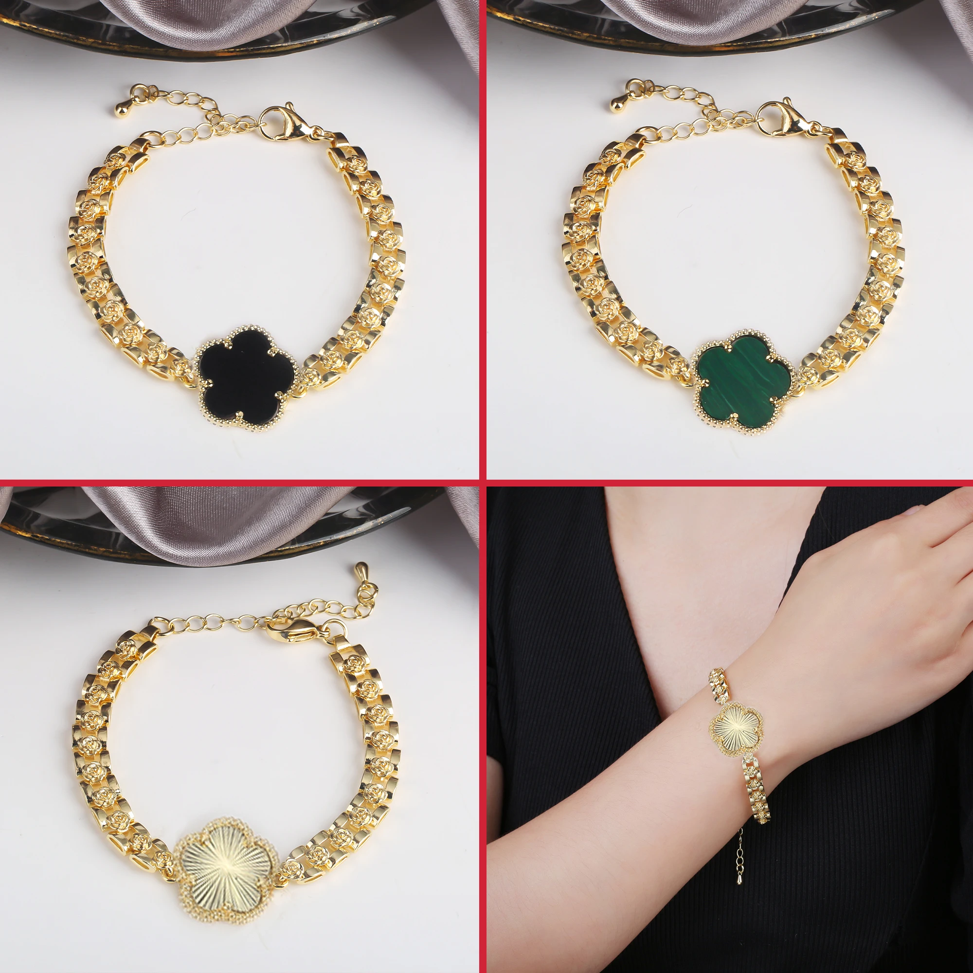 New-Simple-Natural-Stone-Five-Leaf-Flower-Rose-Flower-Chain-Adjustable ...