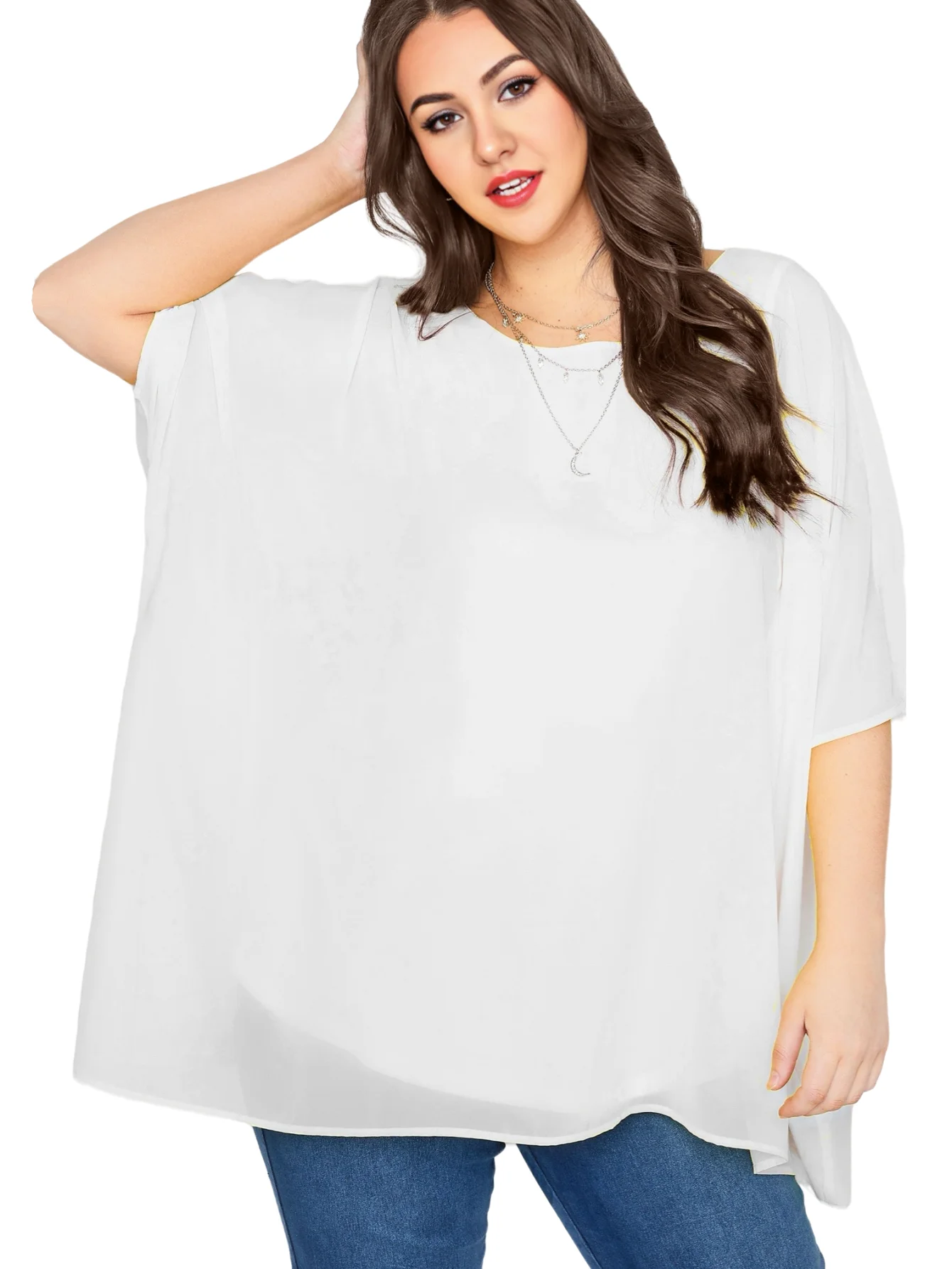 Womens-Plus-Size-Elegant-Summer-Blouse-Batwing-Sleeve-Oversized-Chiffon ...