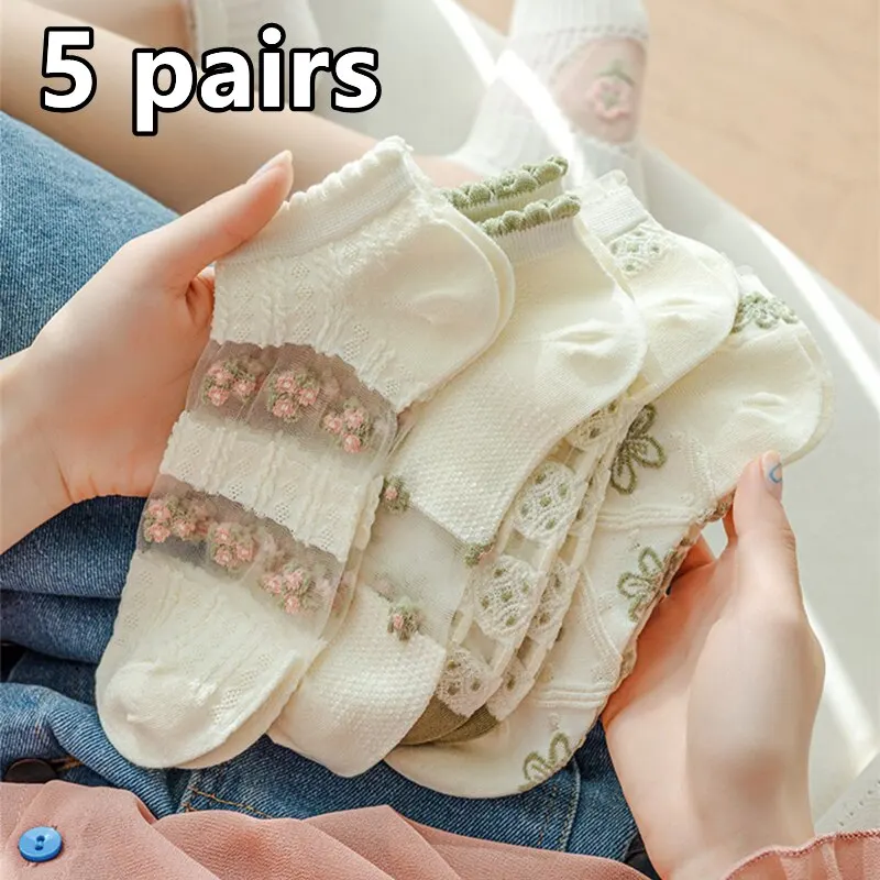 5 Pairs Sheer Socks for Women, Glass Silk Lovely Lolita Cotton Socks ...