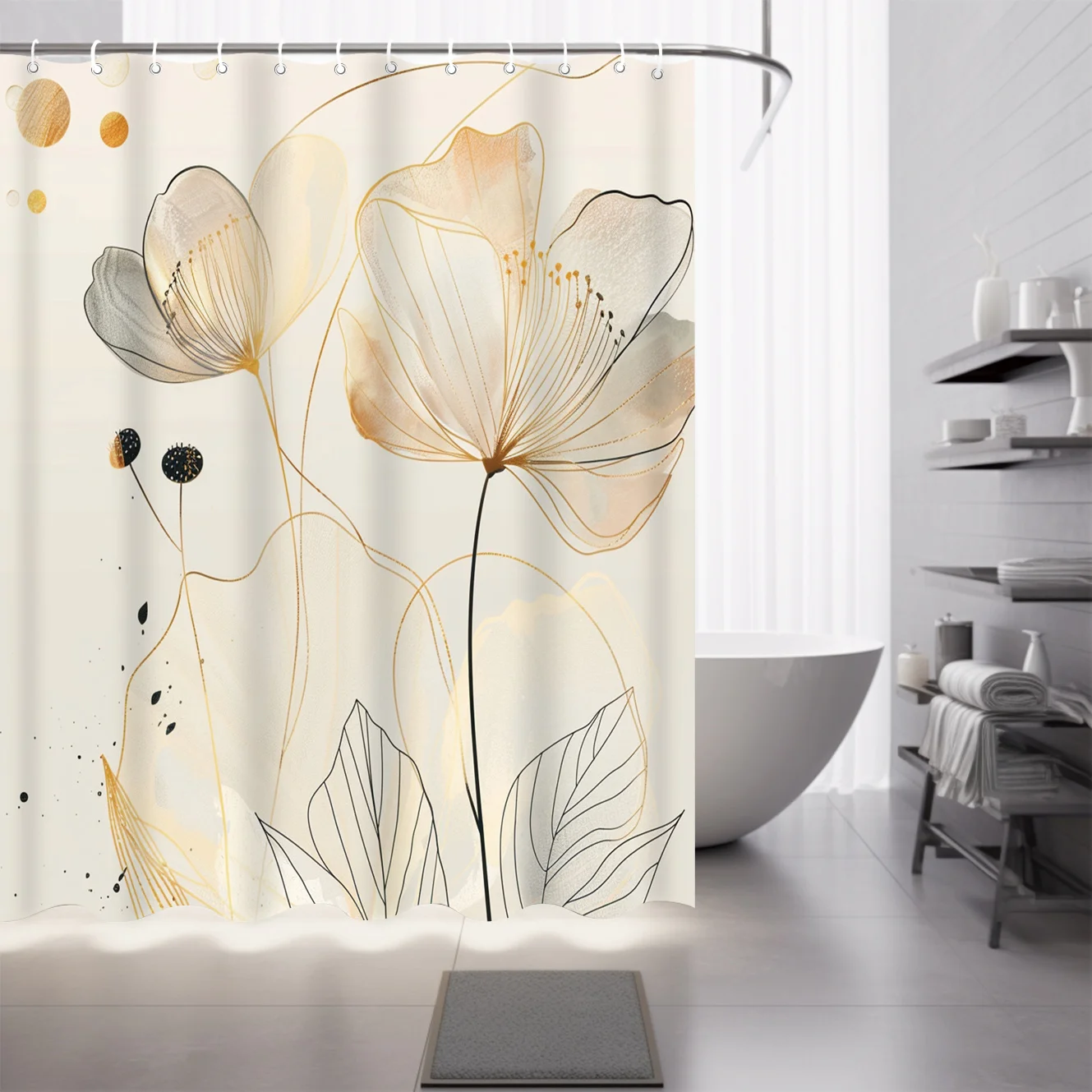 Elegante cortina de ducha impermeable floral abstracta beige y blanca ...
