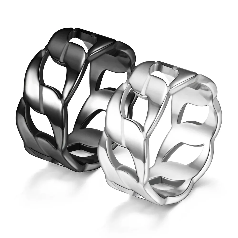 8MM Hollow Hard Curb Chic Chain Ring Men's Hip Hop Punk Stainless Steel ...