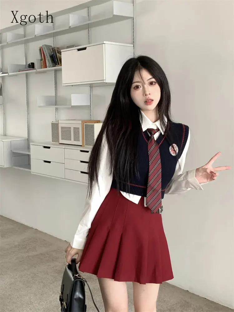 Xgoth 한국 핫걸 프레피 JK 유니폼 수트, 긴 소매 셔츠, 니트 조끼, 하프 스커트, 3 종 세트, 봄 가을| | - AliExpress