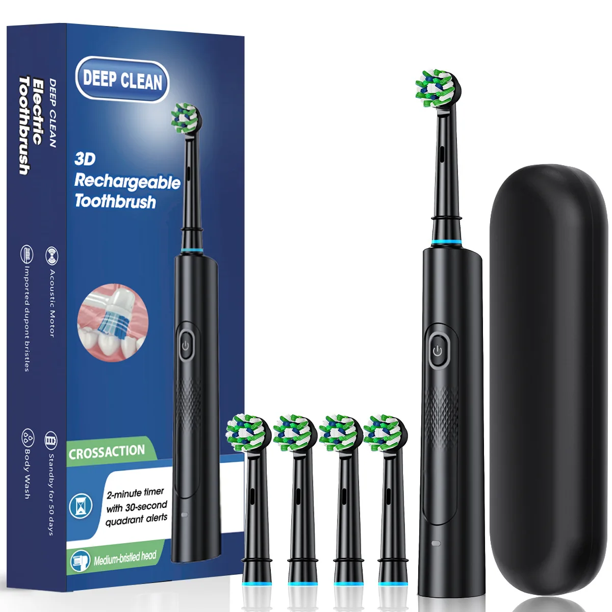 Rotating-Electric-Toothbrush-Black-White-for-Adults-with-4-Brush-Heads ...