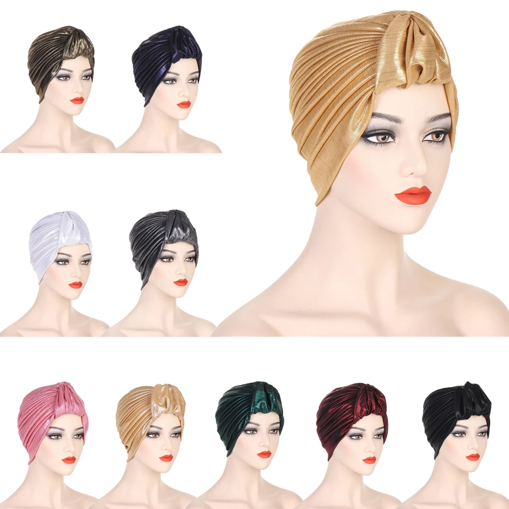 2023 New Glitter Loop Ruffled Turban Cap for Women Pleated African Head ...