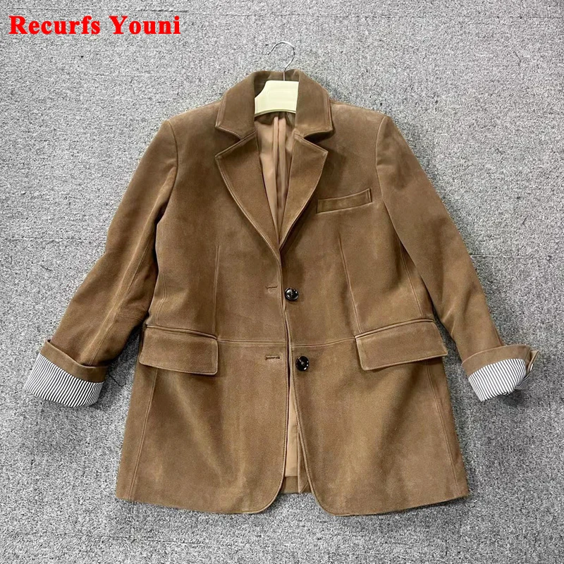 Traje-de-cuero-de-nobuk-para-mujer-abrigo-Retro-de-ante-de-vaca-genuino ...