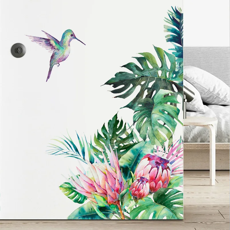 Removable Tropical Leaves Flowers Bird Wall Stickers Bedroom Living ...