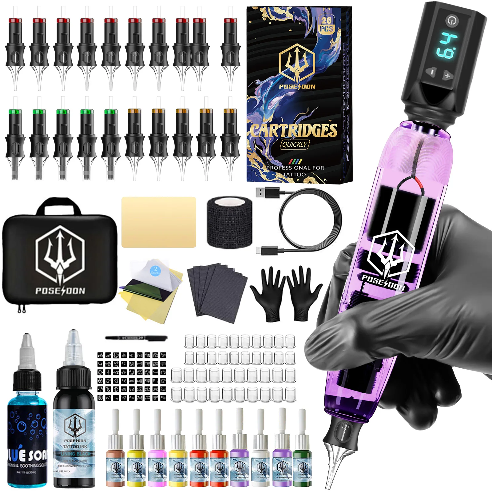 Kit de tatuaje POSEIDON V5, Kit de pluma de tatuaje genial para ...