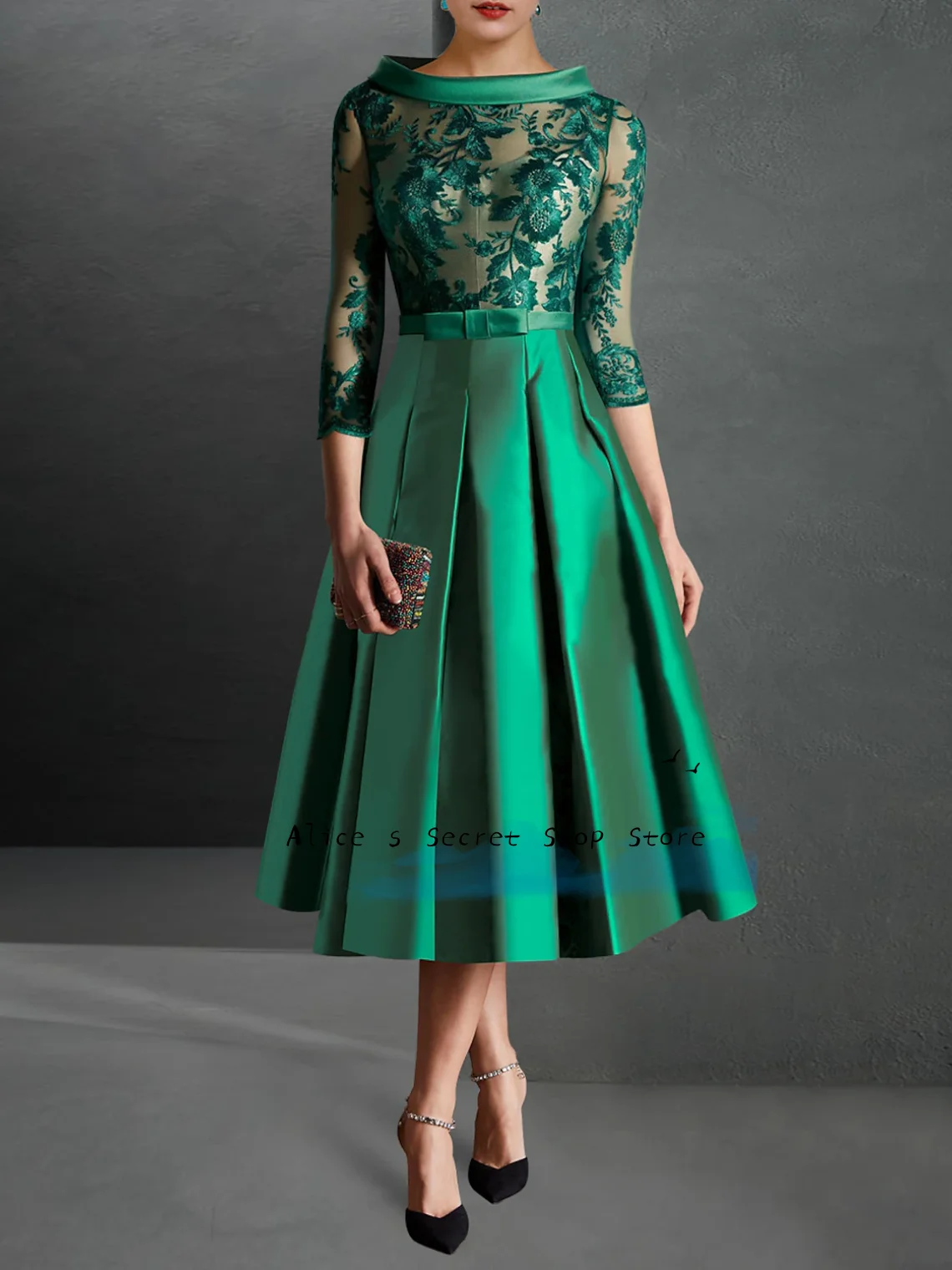 Dark-Green-Mother-of-the-Bride-Dress-O-Neck-Three-Quarter-Sleeve ...