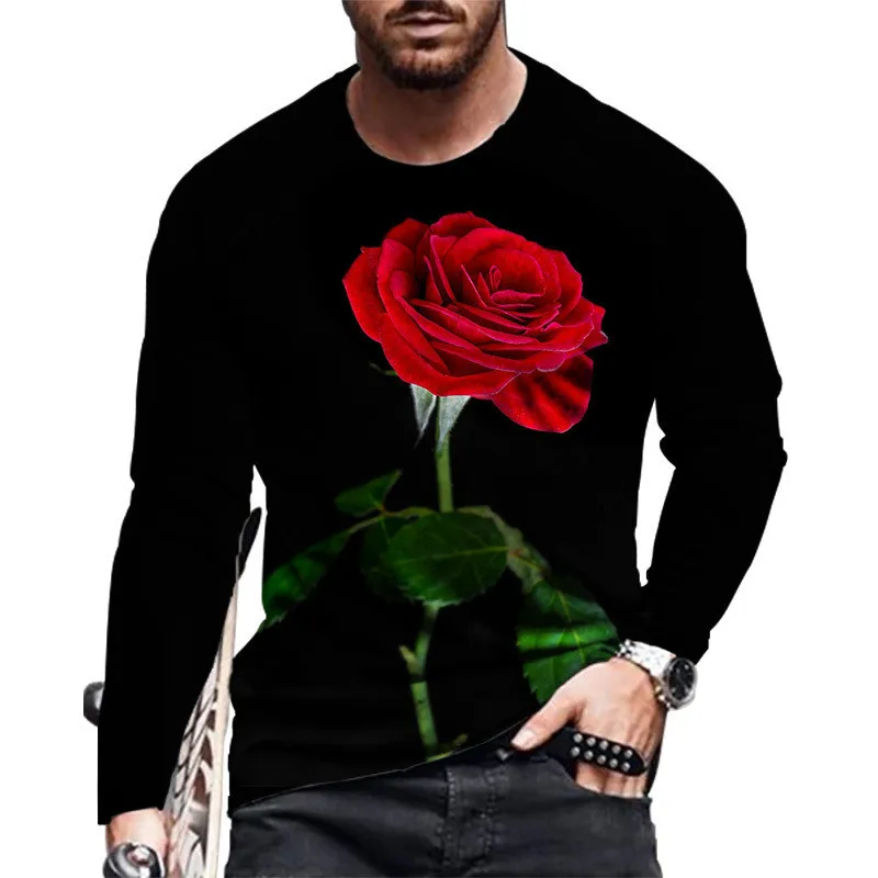 Rose-Flower-Print-Men-s-Casual-T-Shirts-6XL-Large-Size-Long-Sleeve ...