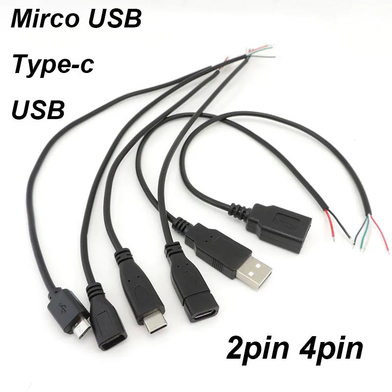 2-pin 4-pin wire Line Micro USB diy 2.0 Male to Female Type-C c Charger ...