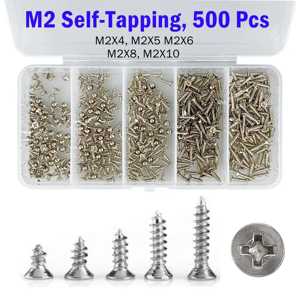 500 Pcs M2 Self Tapping Phillips Screws Assortment Kit Steel Cross ...