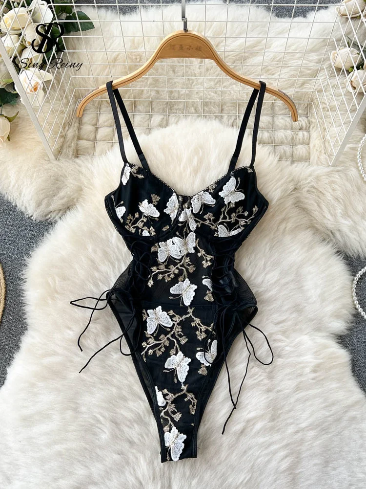 Singreiny Embroidery Lace Sexy Bodysuits Women Drawstring Strap Slim