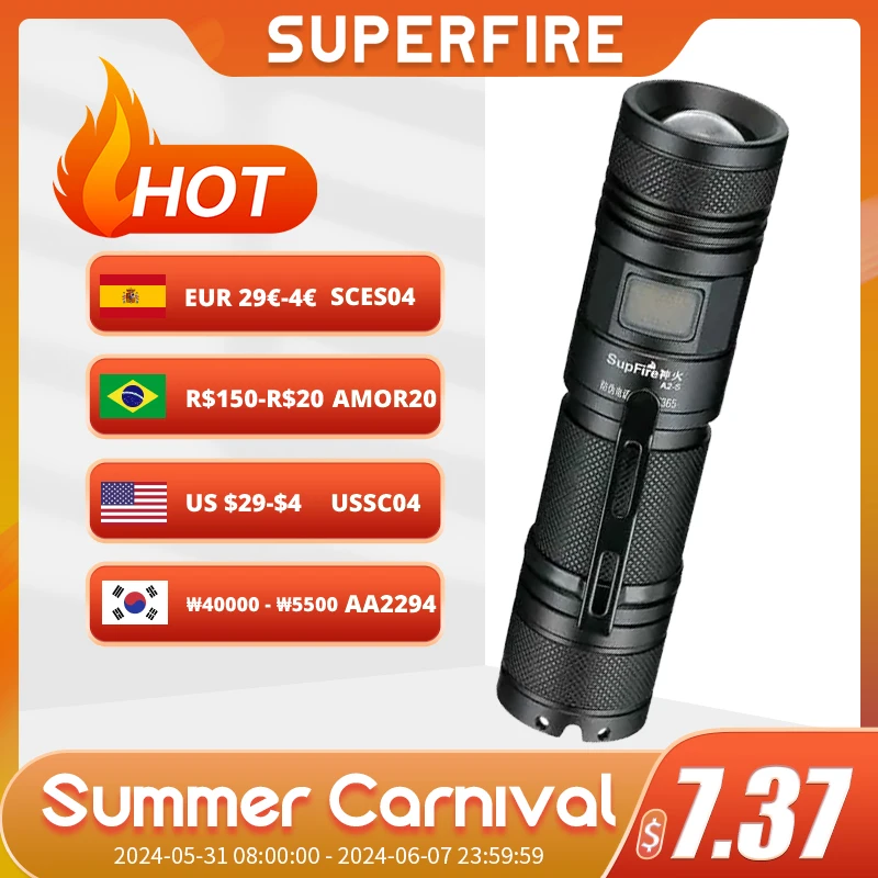 SUPERFIRE-A2-S-Powerful-LED-Flashlight-Zoomable-Tail-USB-Charging-Waterproof-Torch-for-Camping-5 ...