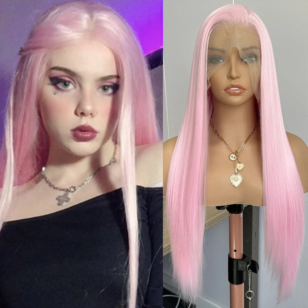 Pastel Pink Straight Synthetic Lace Wig Long Silk Straight Wig Frontal ...