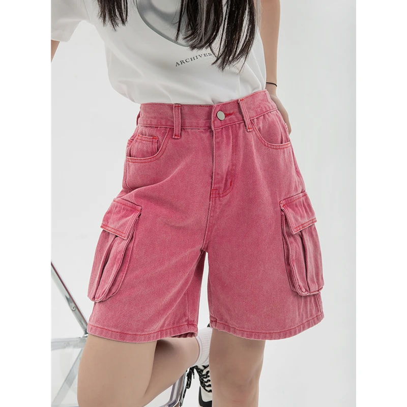Pink Woman Shorts Jeans High Waist Denim Shorts Baggy Street Cargo ...