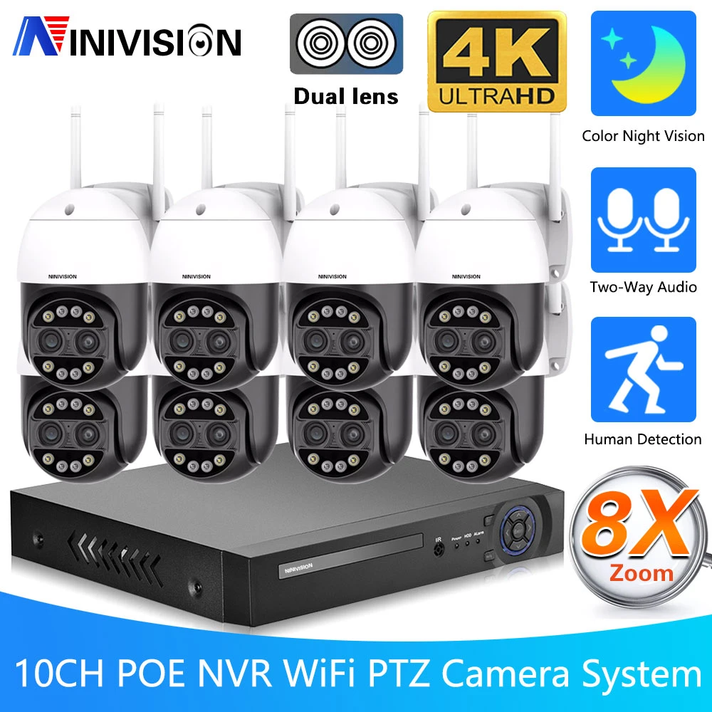PTZ 8MP Dual Lens 10CH Wireless Camera Surveillance Security System ...