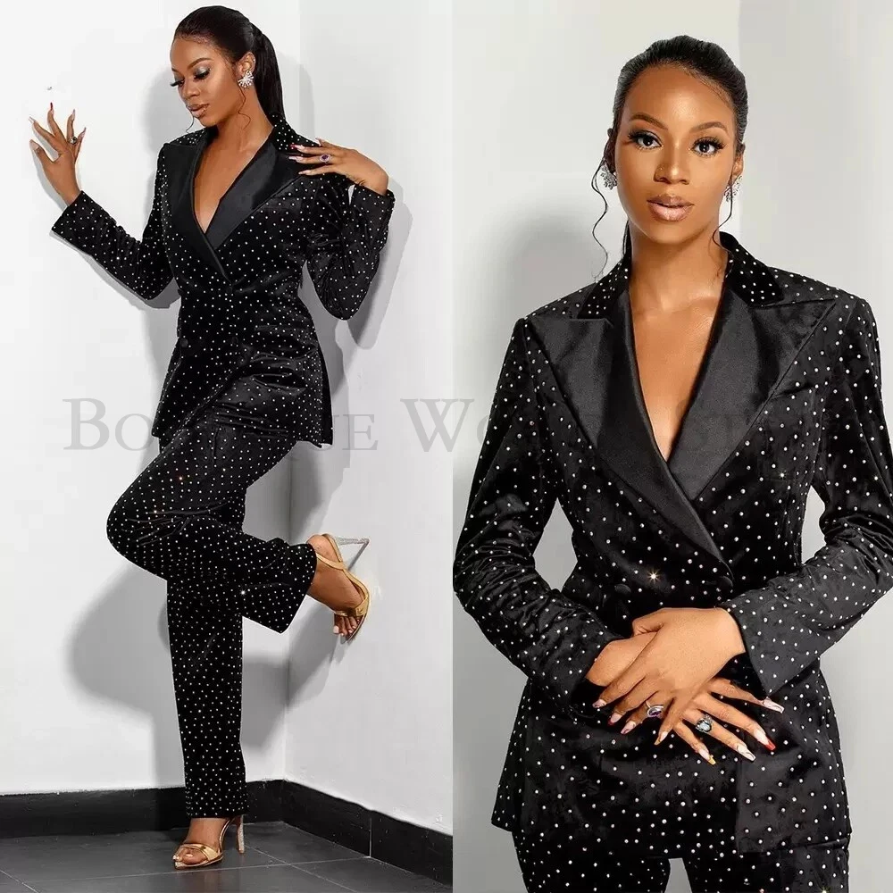 Luxury Women Suits Black Double Breasted Peak Lapel Slim Fit 2 Piece ...