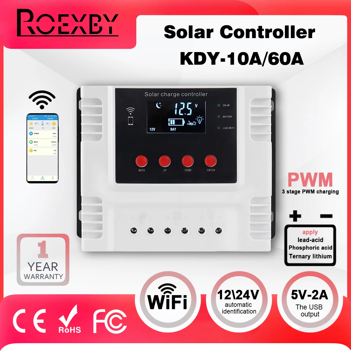 Smart Solar Charge Controller with WiFi App Control for 12V/24V/48V 10A ...