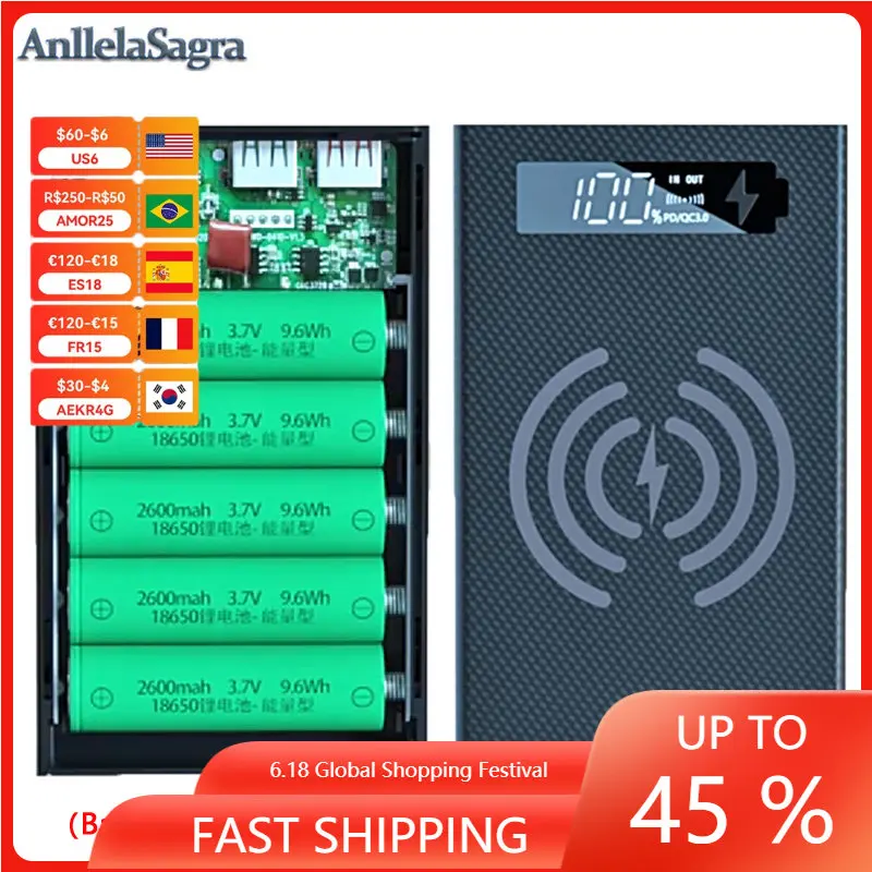 18650 배터리 홀더 분리형 보조베터리 케이스 12V PD QC3.0 USB C 빠른 무선 충전 DIY 쉘 5*18650 배터리 보관함| | - AliExpress