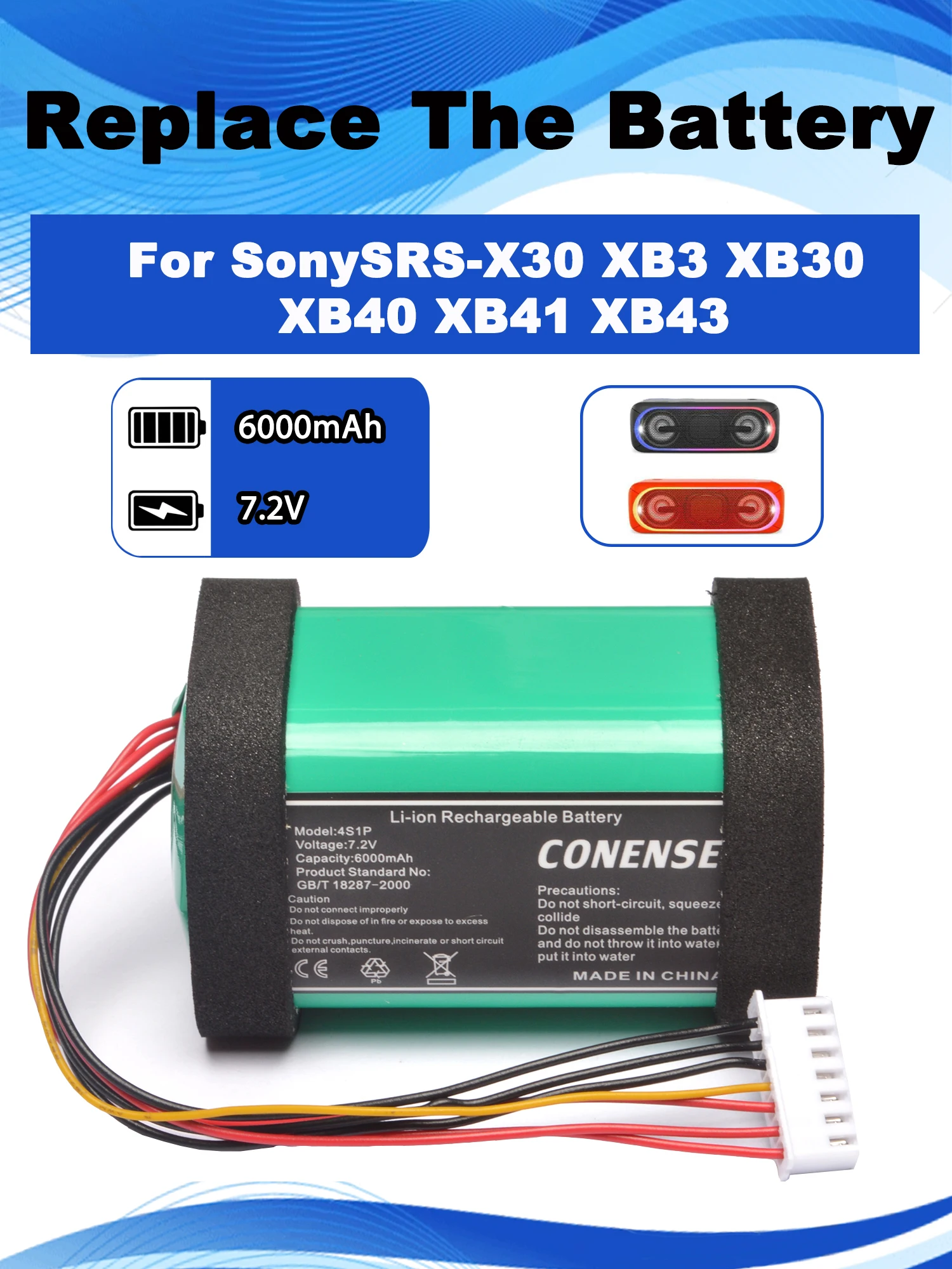 7.2V Replacement Battery For Sony SRS-X30 SRS-XB3 SRS-XB30 SRS-XB40 ...