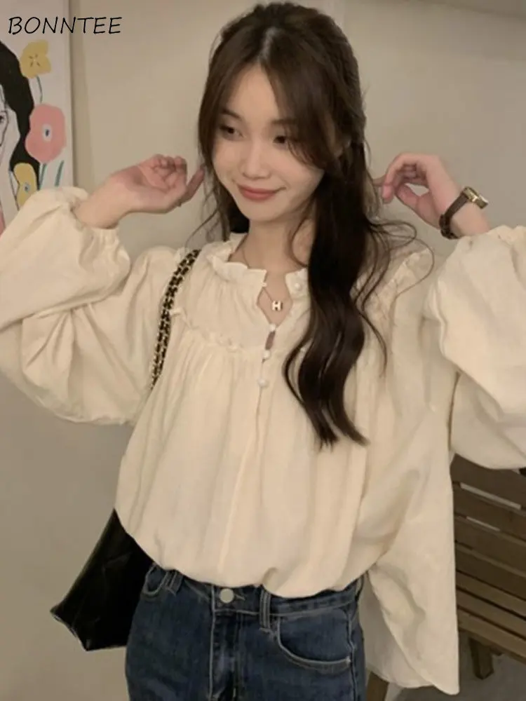 Blouses Women Sweet Autumn All-match Pure Color Stylish Preppy Style ...