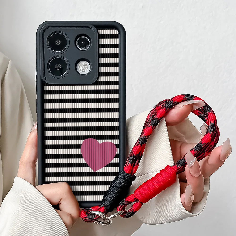 Stylish Stripe Love Heart Phone Case with Wrist Chain Strap and Lanyard Cover for Xiaomi 14 Pro ...