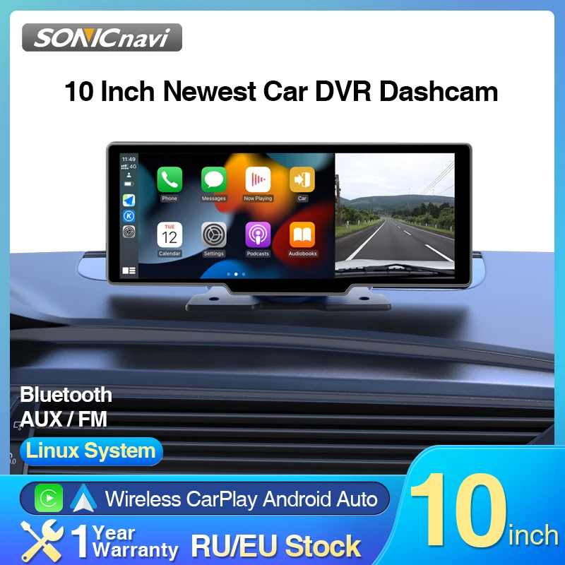 10inch Car Dash Cam Wireless Carplay Android Auto Double Camera Design Dvr Universal Dashcam ...
