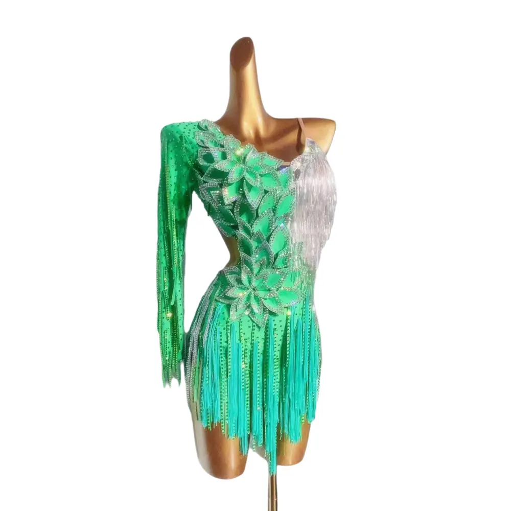 Latin-Dance-Competition-Women-s-High-end-Custom-Green-Leaf-Flower ...
