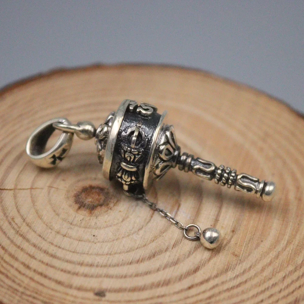 Real-Sterling-Silver-Pendant-For-Male-Sutra-Prayer-Wheel-Good-Luck-925 ...