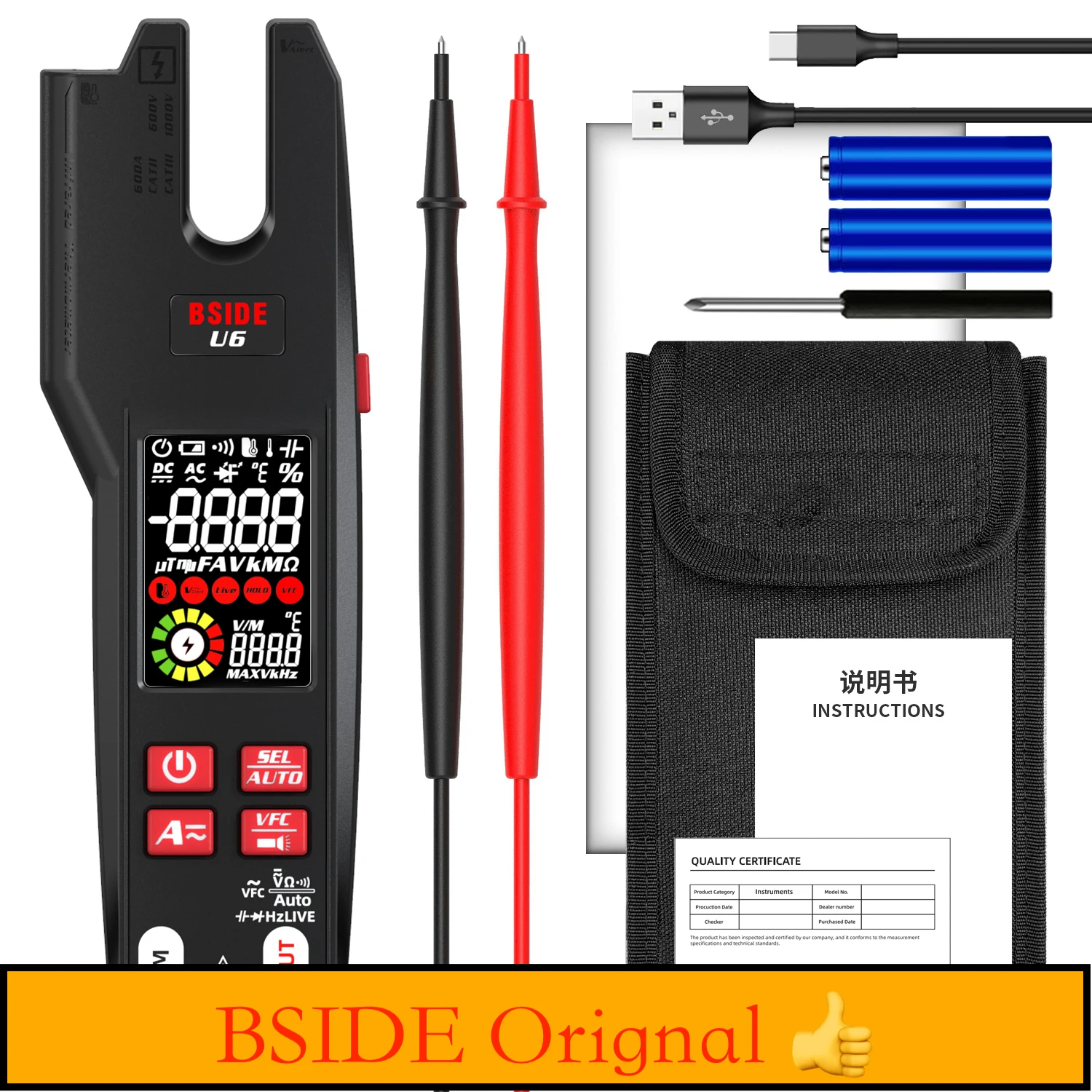 BSIDE-U6-Professional-Digital-Clamp-Meter-600A-AC-DC-Pliers-Ammeter-Non ...