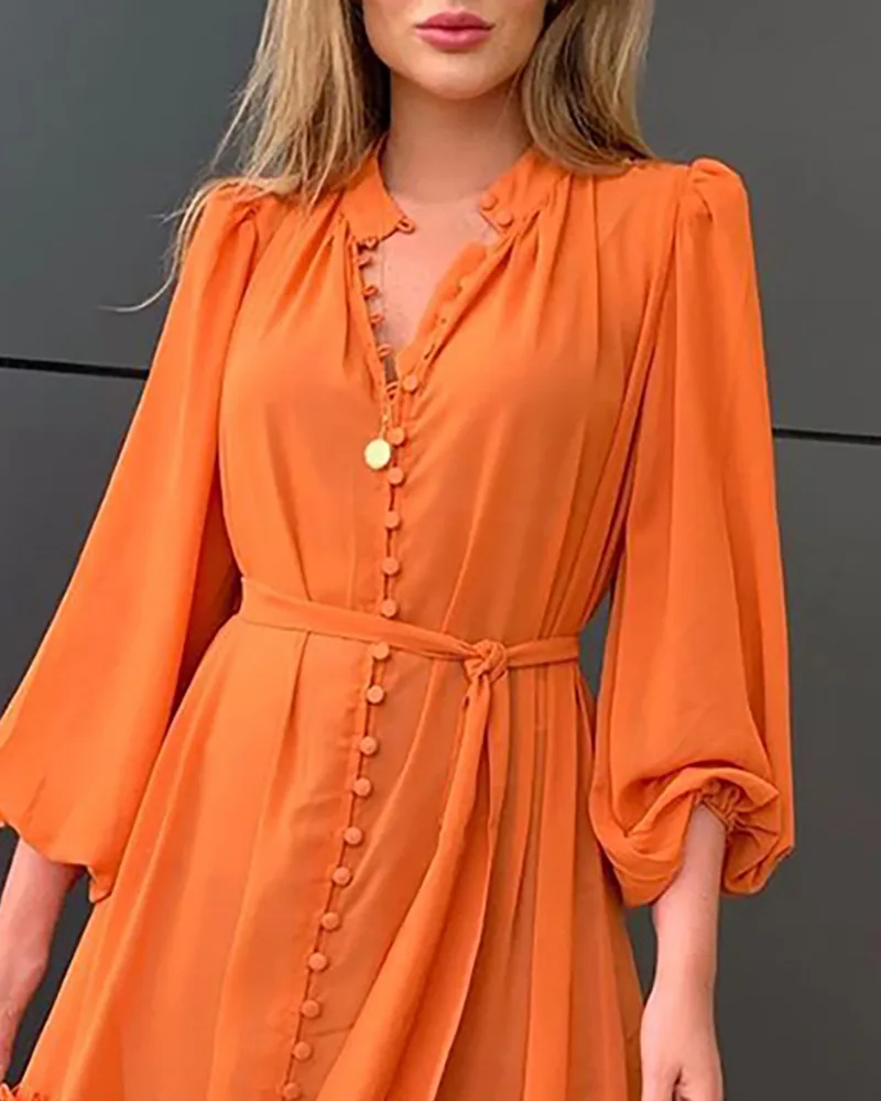 2022 Spring Summer Elegant Office Ladies Orange Ruffle Dress High ...