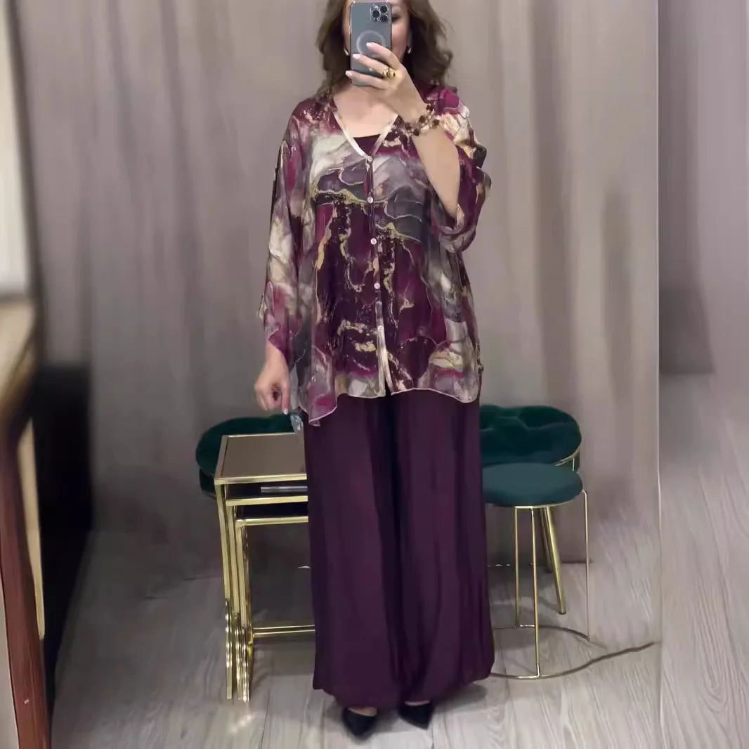 Ramadan Two Piece Sets Print Shirt Wide Leg Pants Women Muslim Casual ...