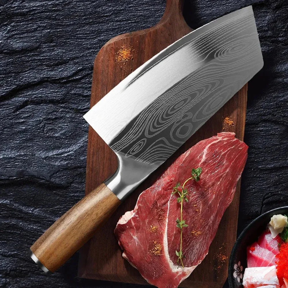 Stainless Steel Meat Cleaver Slicing Knife Laser Damascus Pattern Meat ...