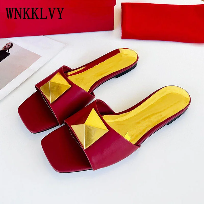 New Square Toe Flat Slippers Women Pure Colour Metal Decoration Crude ...