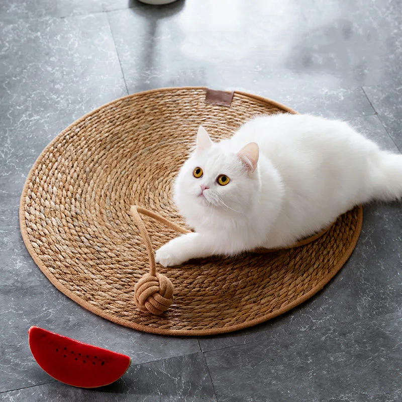 Hand-woven-Cattail-Mat-Cat-Sleep-Mats-With-Ball-Cat-Toys-Summer-Cat ...