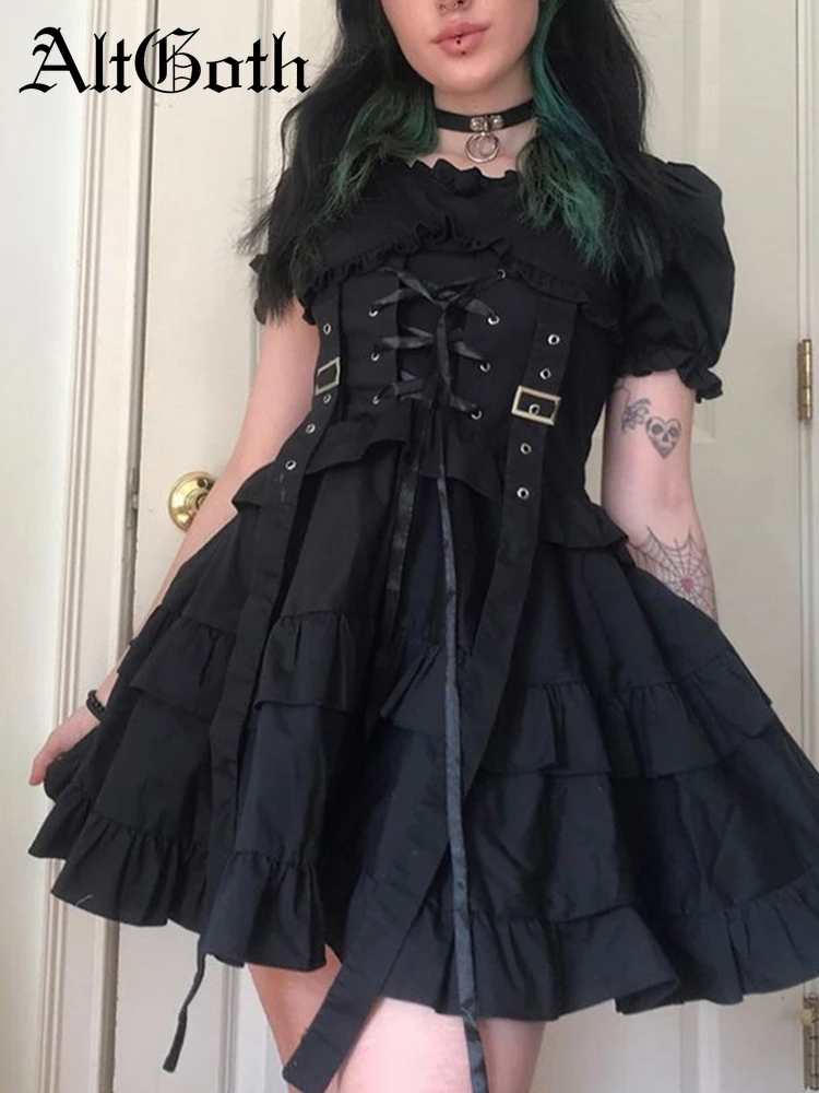 Altgirl Dark Gothic Croset Dress Women Harajuku Fairycore Puff Sleeve ...