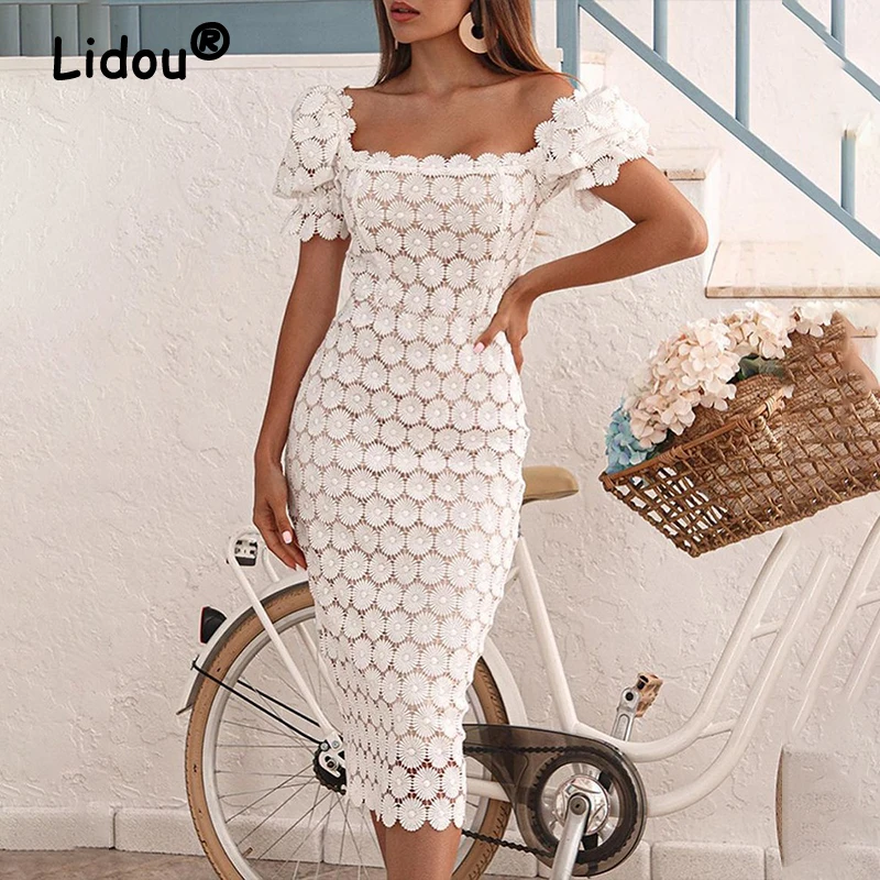 Hollow-Out-Generous-Office-Lady-White-Solid-Color-Petal-Sleeve-Slim ...