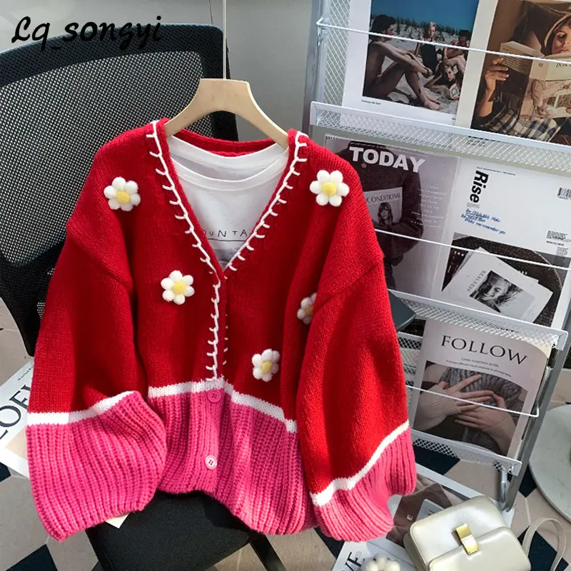 Sweet Sweater Cardigan Flower Knitted Coat Autumn Winter Long Sleeve ...
